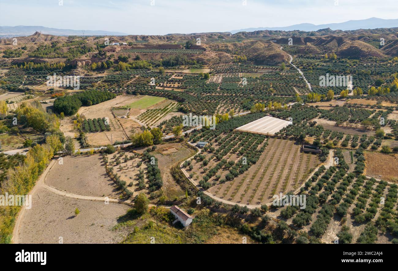 Aerial view of fields in Lopera Guadix Spain, looking towards the ...