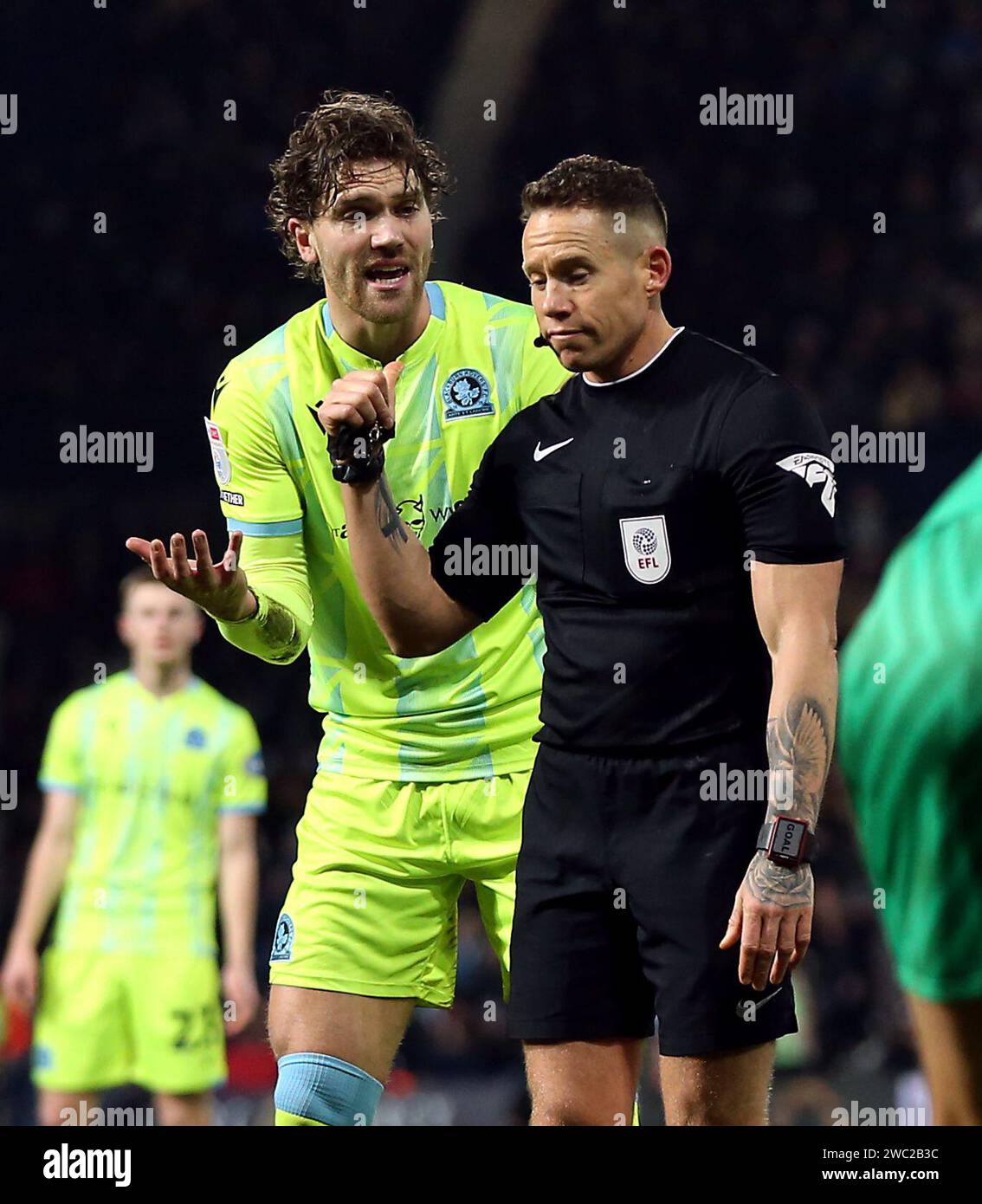 Blackburn Rovers' Sam Gallagher appeals to the referee Stephen Martin ...