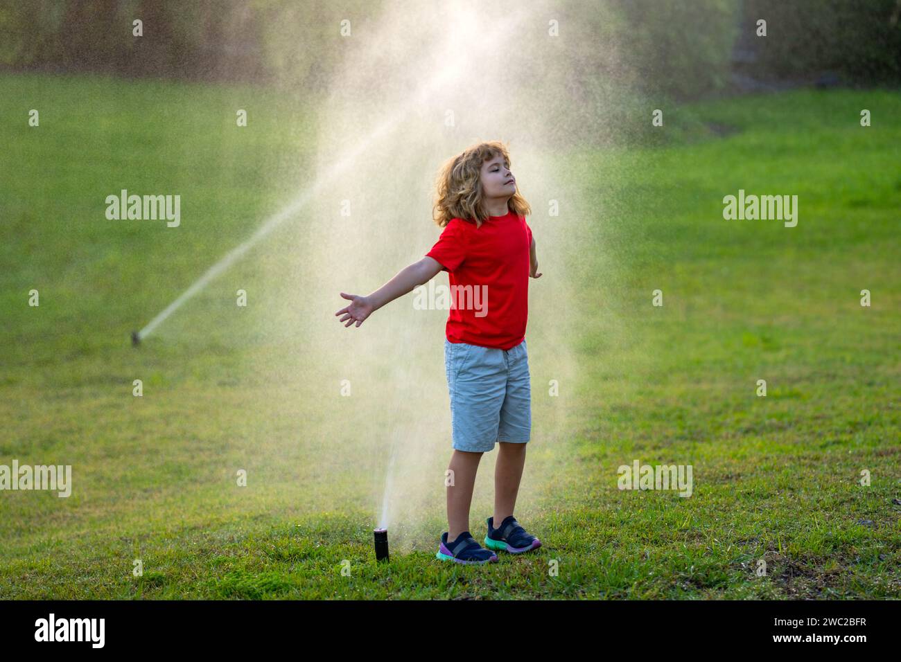 Cute little kid play in garden at summer day. Child enjoy summer in ...