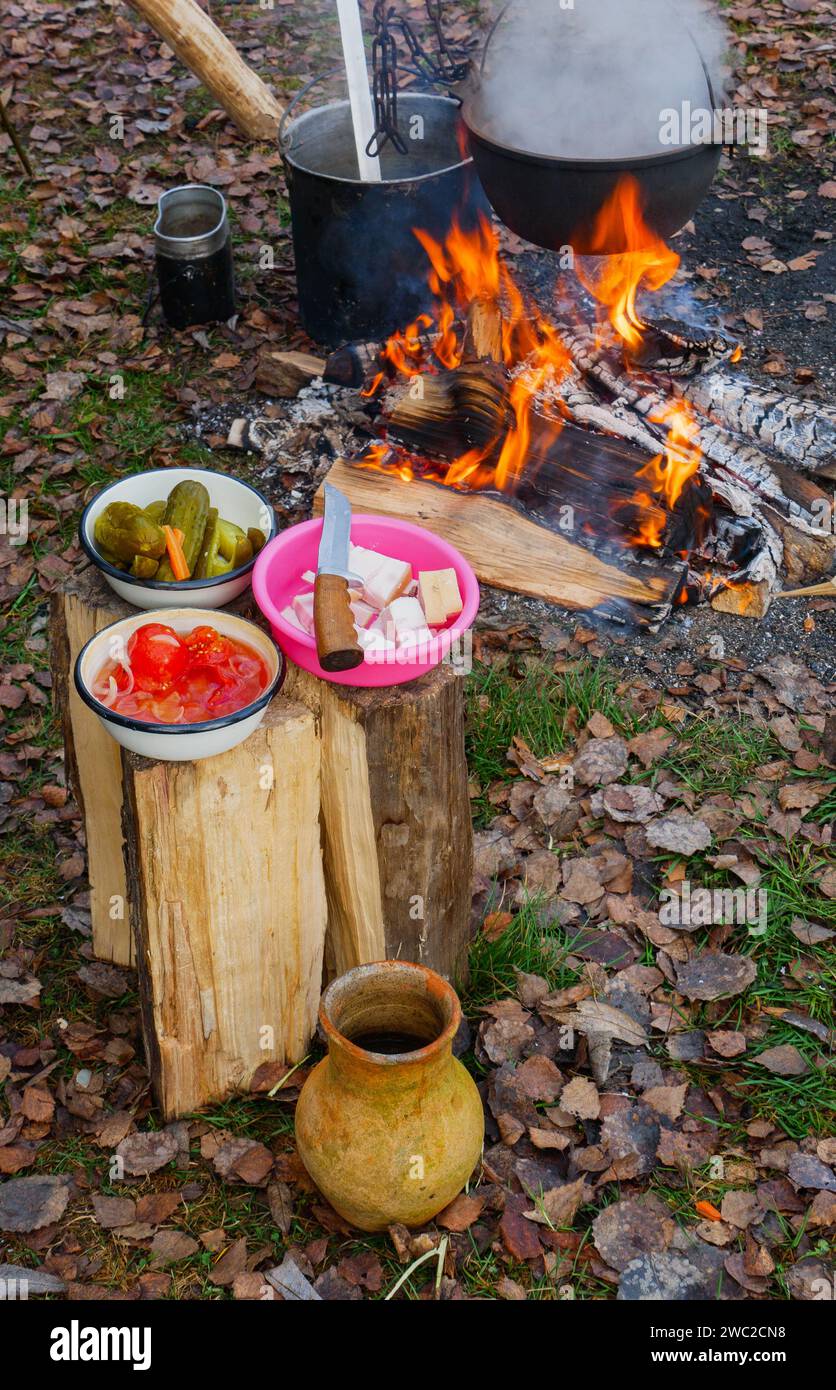 Three plates with pickled cucumbers, tomatoes and bacon and food is ...