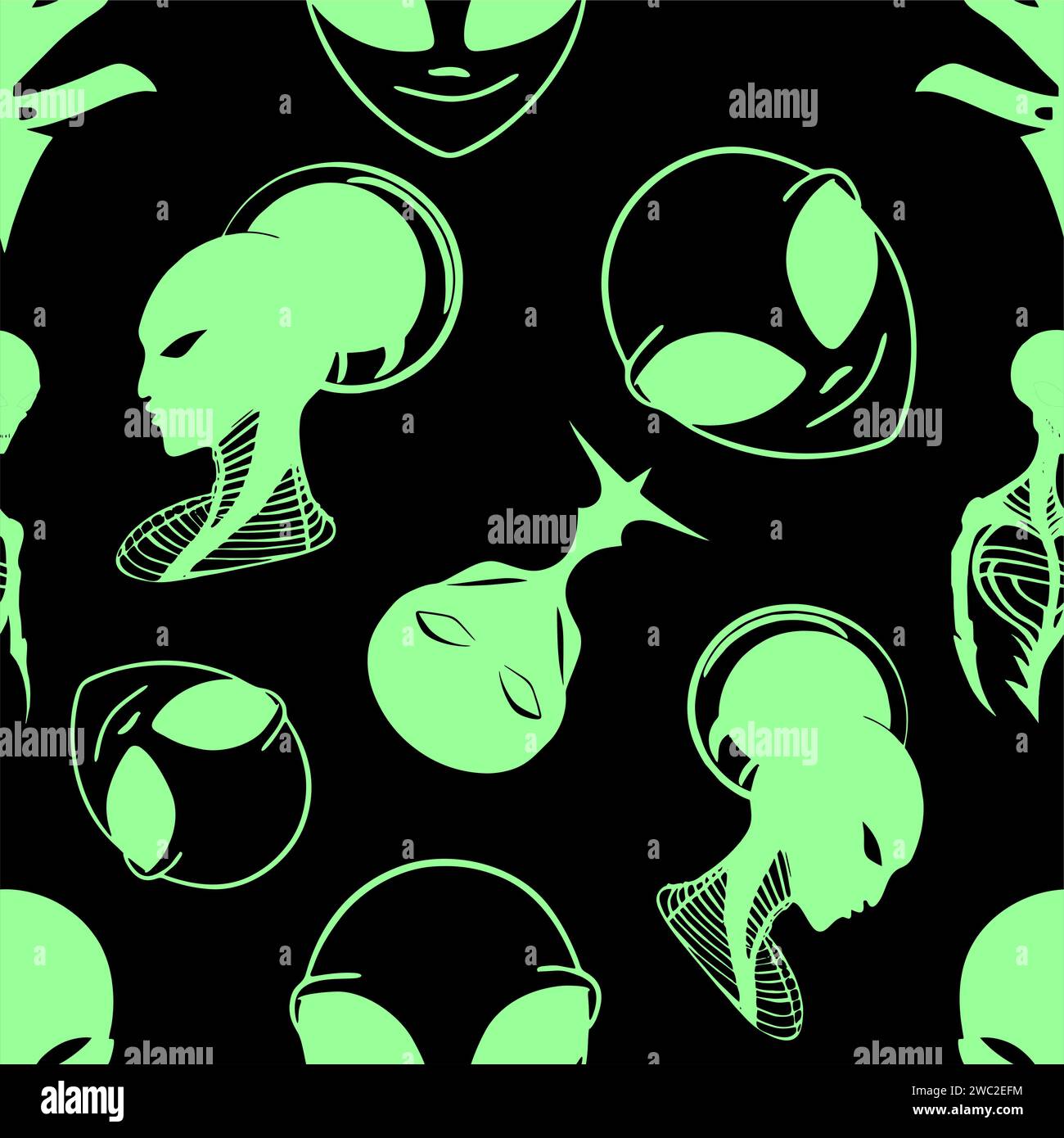 seamless pattern green graphic aliens on black background, texture ...