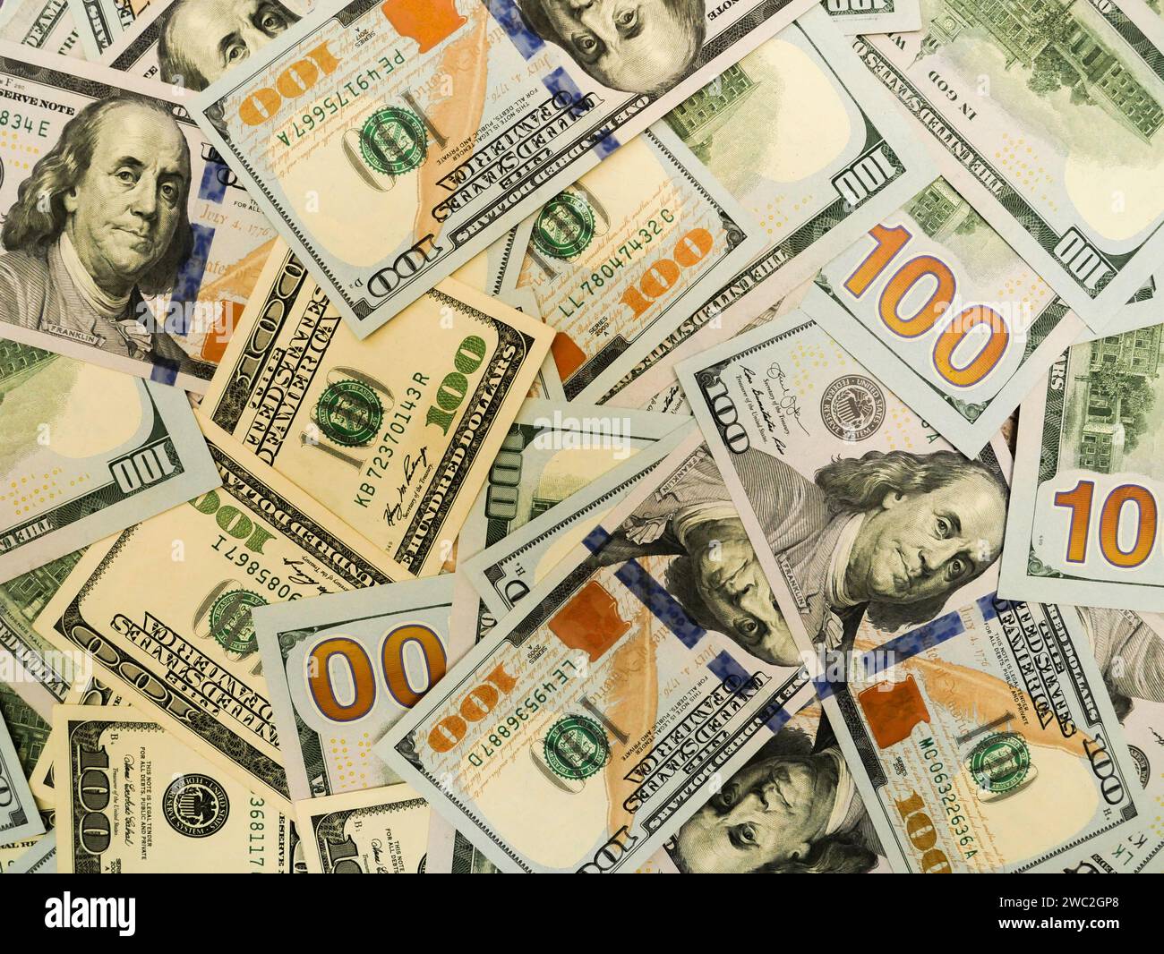 Flat texture and background of real 100 bills, numbers are different ...