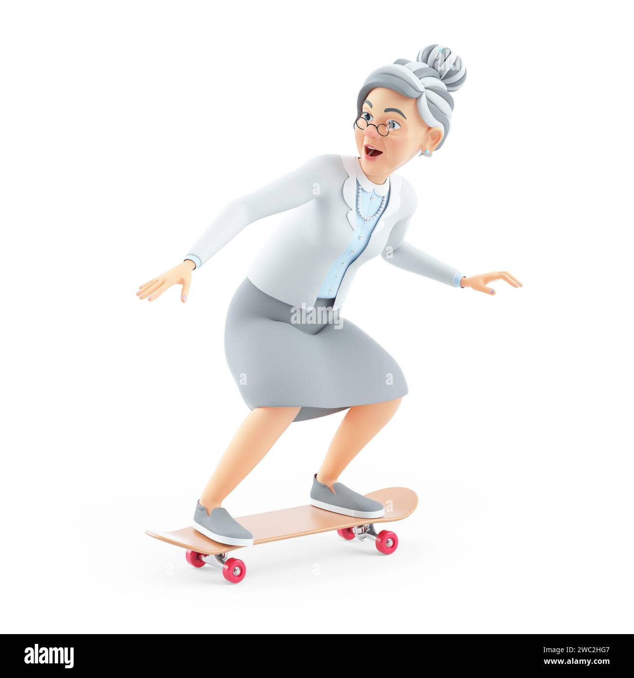 3d cartoon granny doing skateboard, illustration isolated on white ...