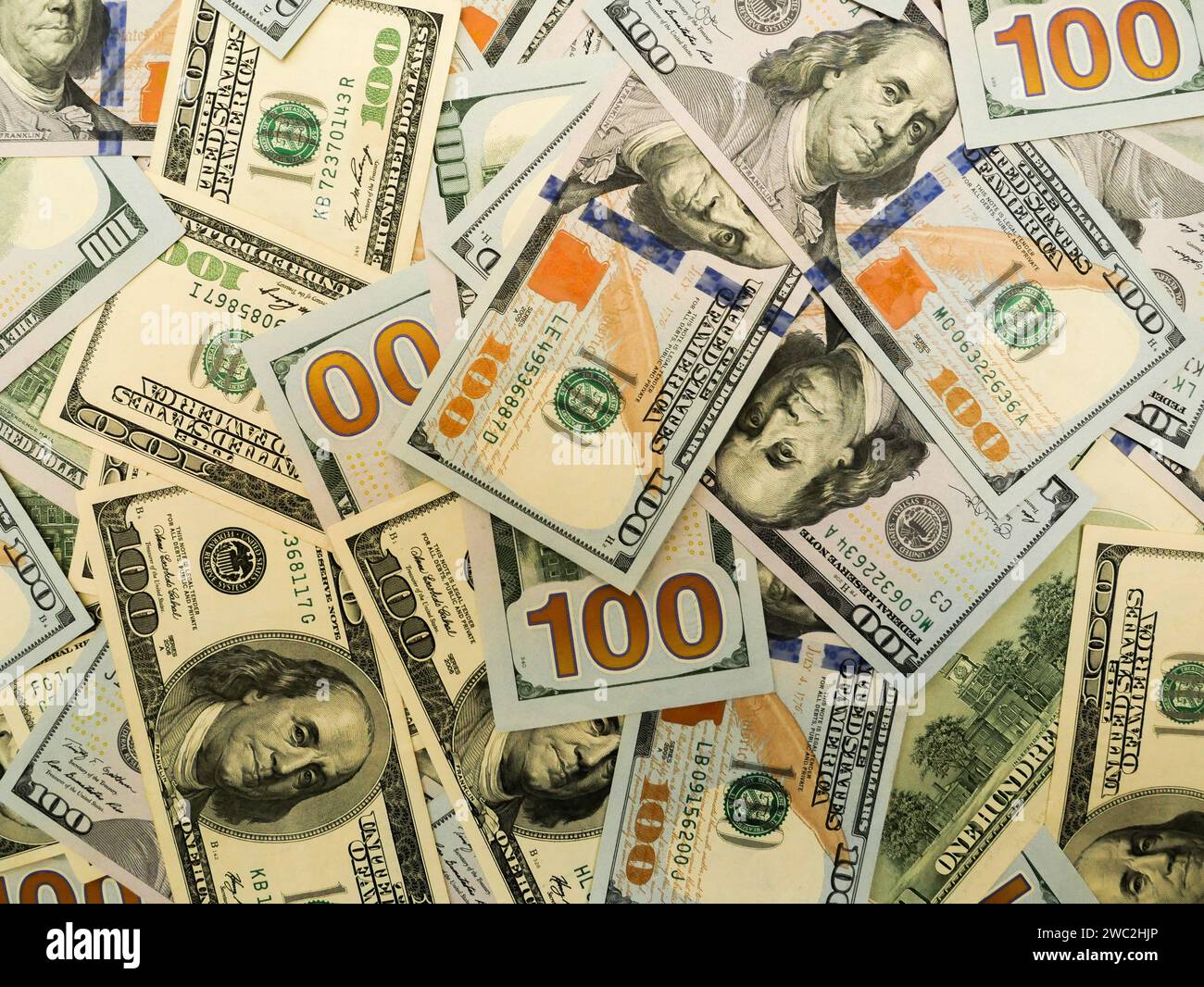 Flat texture and background of real 100 bills, numbers are different ...