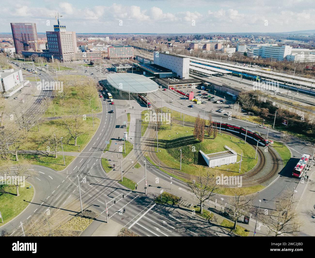 aerial view of Braunschweig (Brunswick) and the central train station ...
