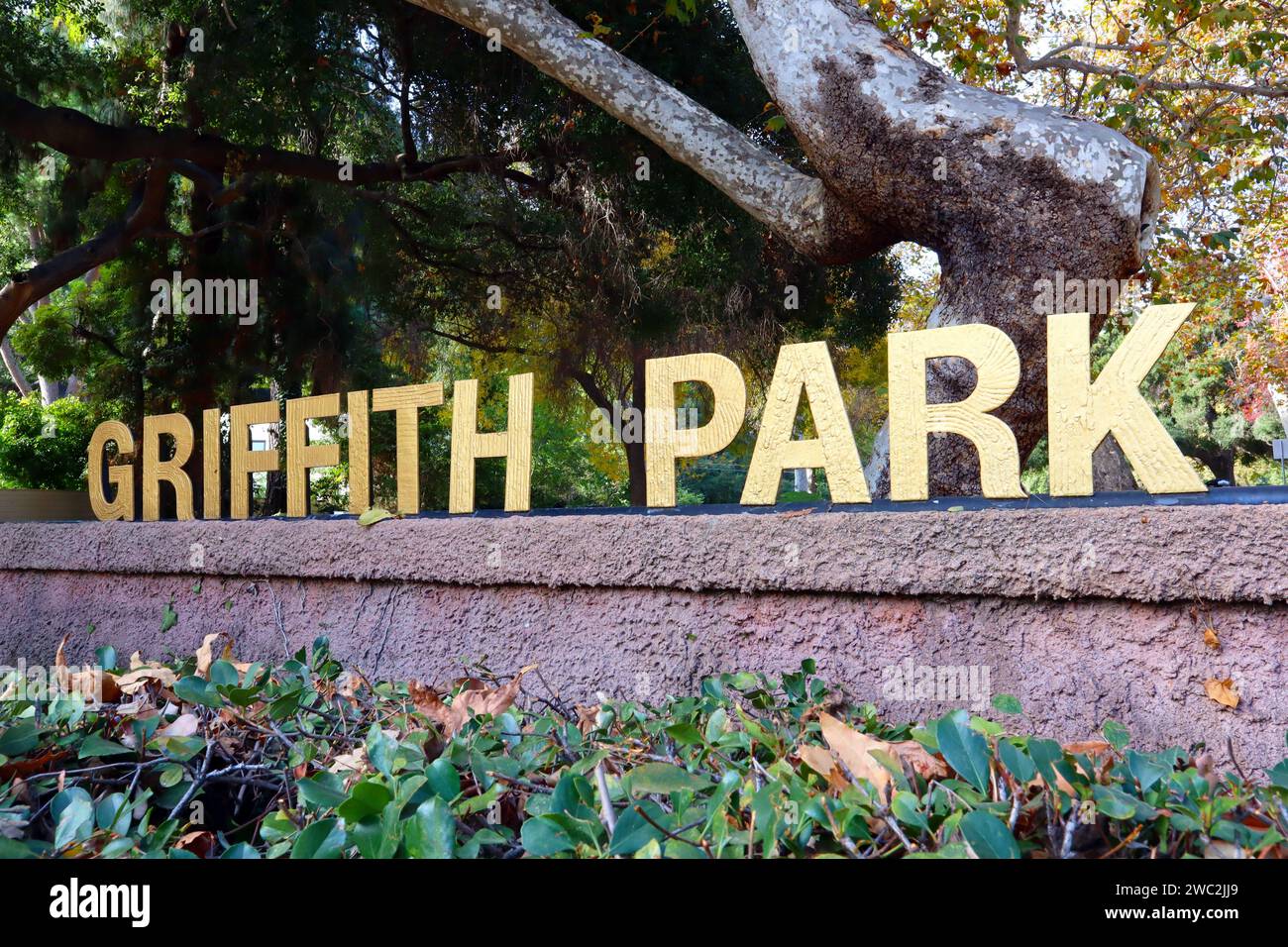 Los Angeles, California: Griffith Park Entrance Sign. Griffith Park is ...