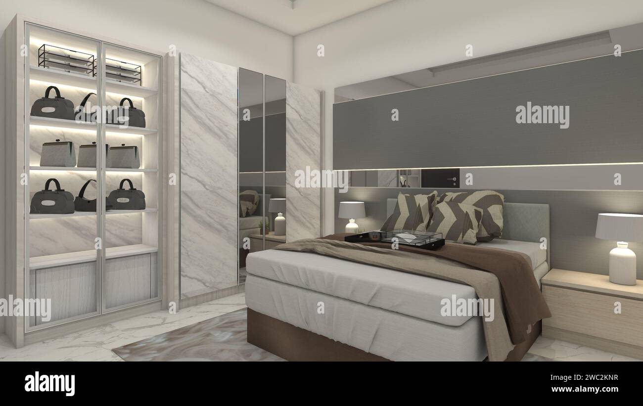 Modern Master Bedroom Design with Headboard Panel and Clothes Wardrobe ...