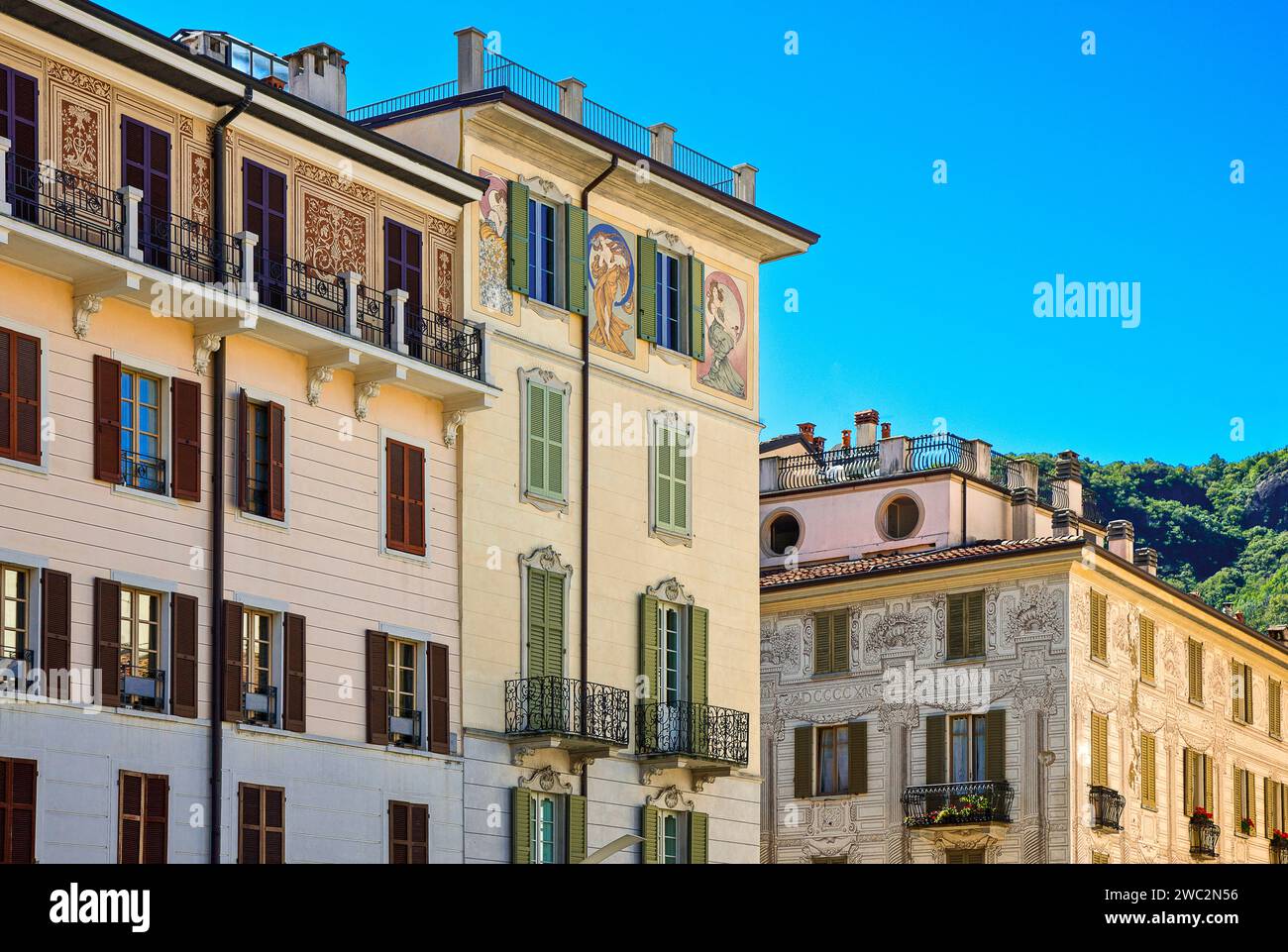 Italy, Lombardy Como, decorated houses in liberty style in Piazza ...
