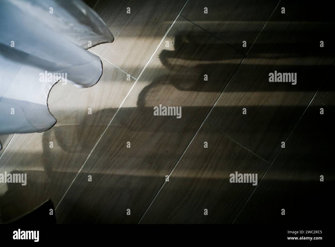 Sunlight falling on the floor and creating shadow from curtains ...