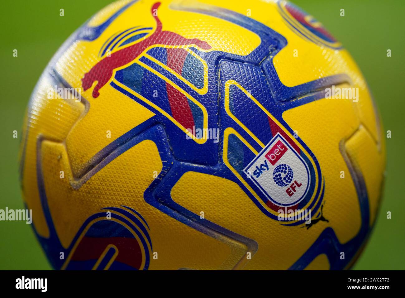 A close up of the branding on an official Sky Bet EFL match ball during ...