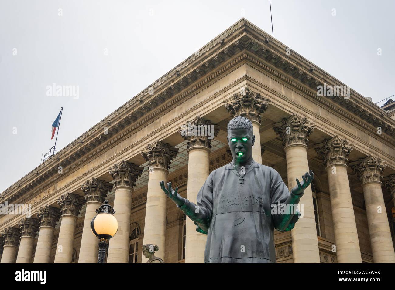 Paris, France, A giant statue of Kid Cudi at the Place de la Bourse ...