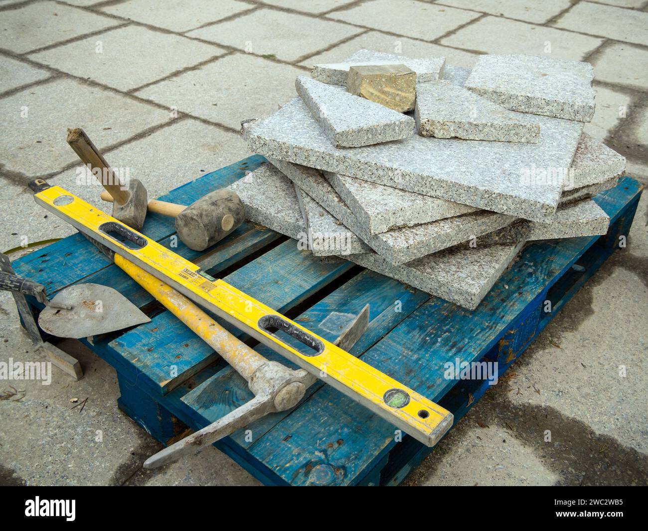 Sochi, Russia - February 2023, 23: Construction tool for laying paving ...