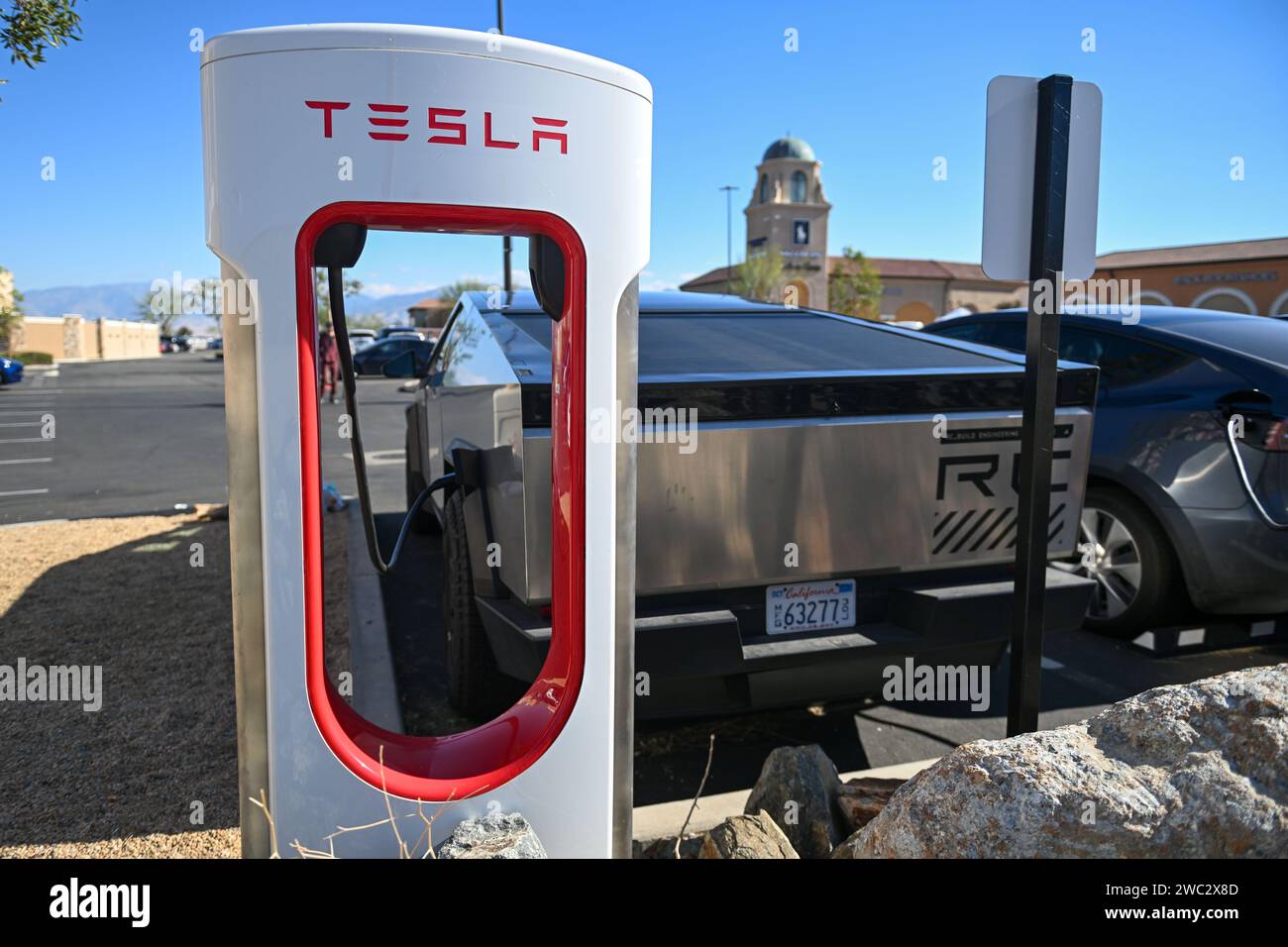 A Tesla Cybertruck is seen charging at The Outlets at Tejon, Friday ...