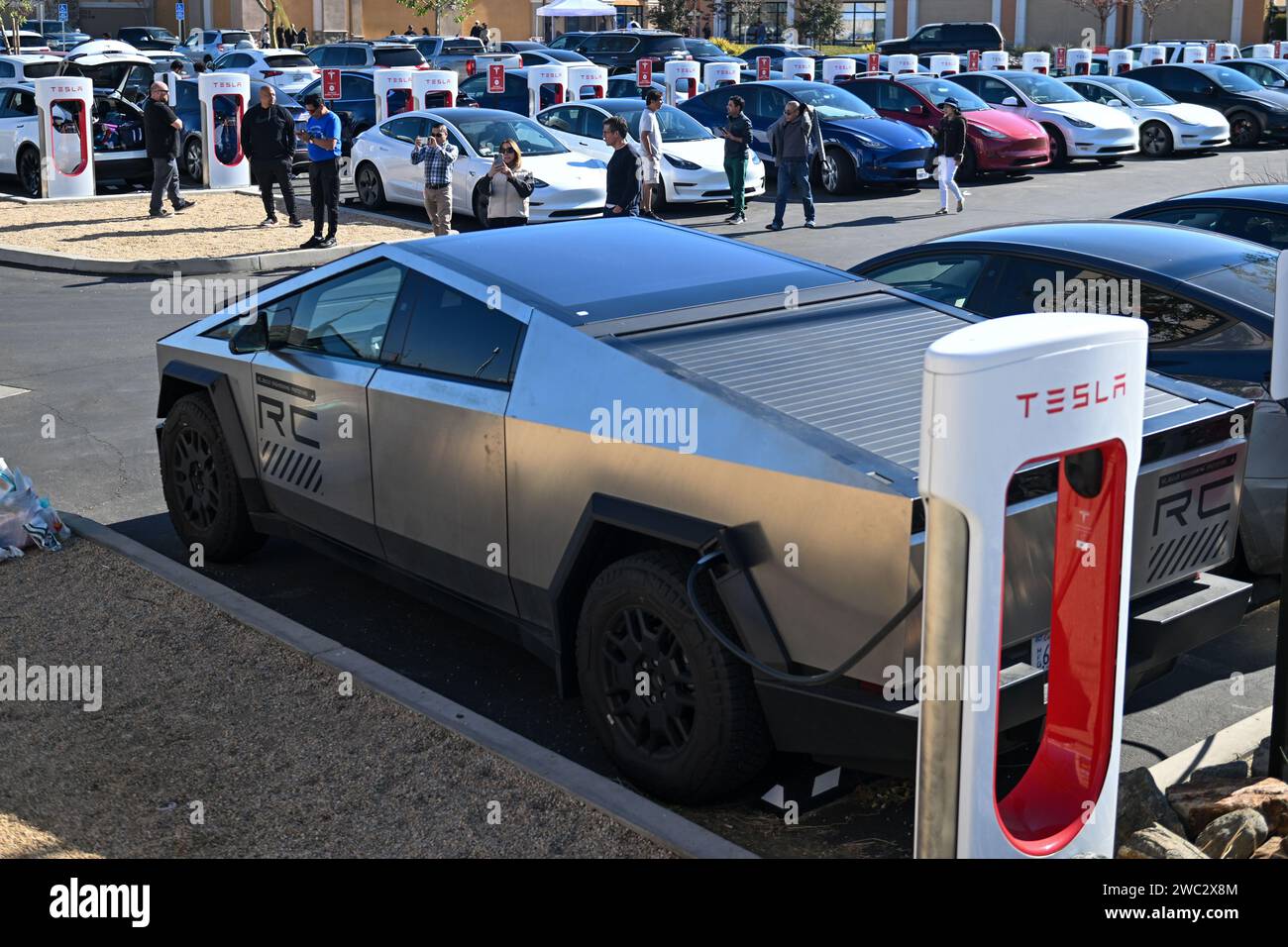 A Tesla Cybertruck is seen charging at The Outlets at Tejon, Friday ...