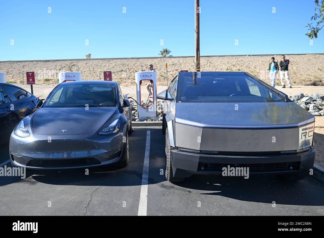 A Tesla Cybertruck is seen charging at The Outlets at Tejon, Friday ...