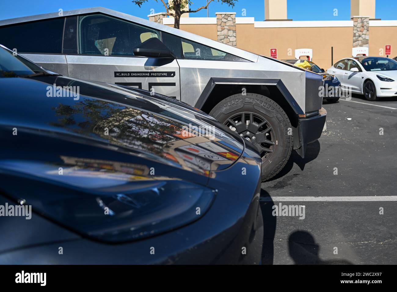 A Tesla Cybertruck is seen charging at The Outlets at Tejon, Friday ...