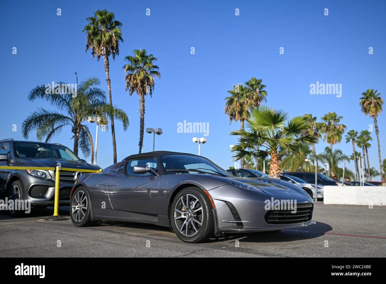 A Tesla Roadster (first generation) with the license plate “VIN1047” is ...