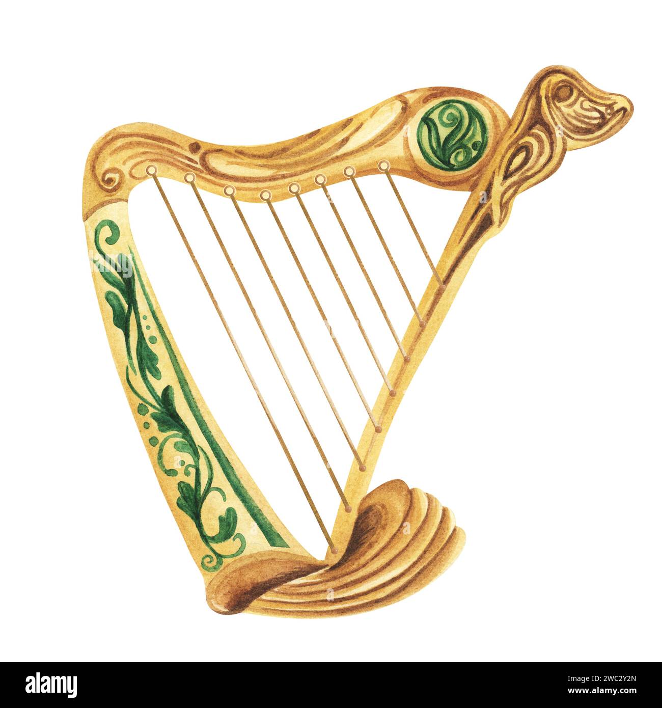 Fantasy Harp with abstract Watercolor yellow spot and green floral ...