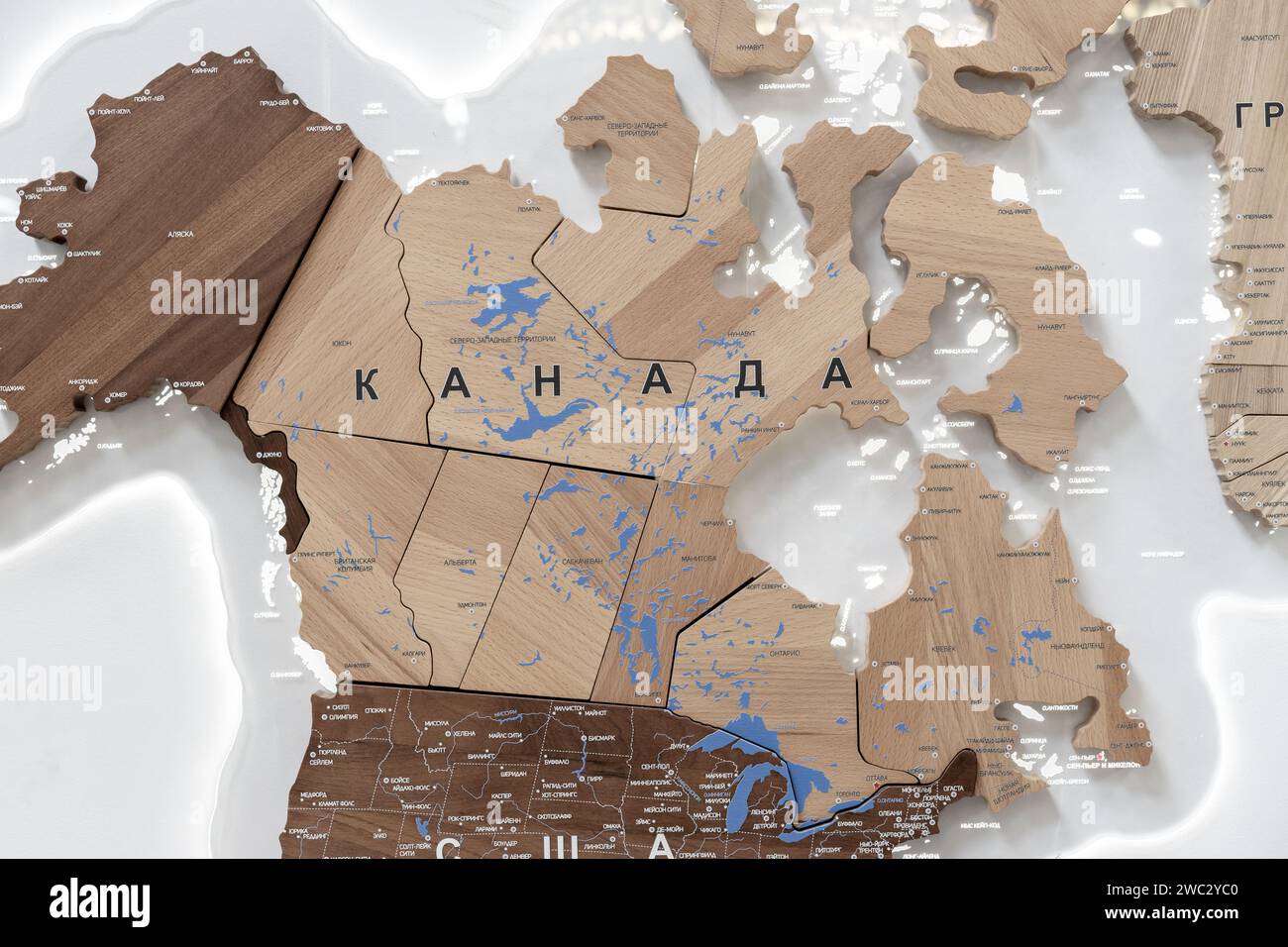 Wooden map of Canada and neighboring countries, names of countries in ...