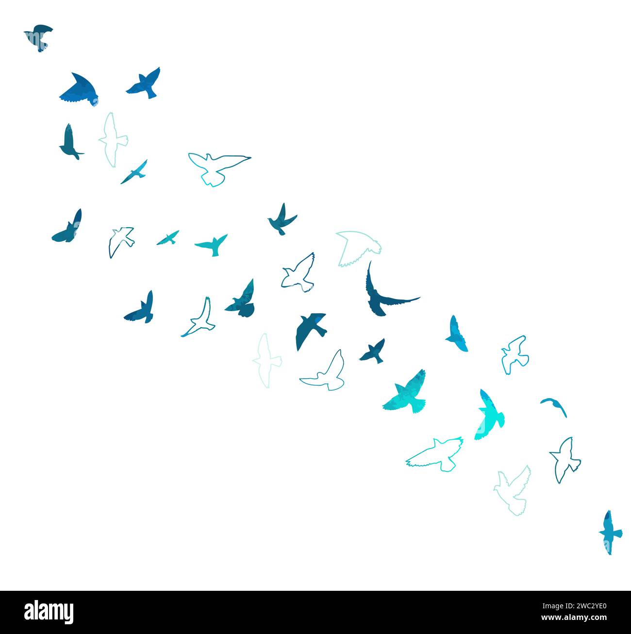 A flock of blue watercolor flying birds. Free birds abstraction. hand ...