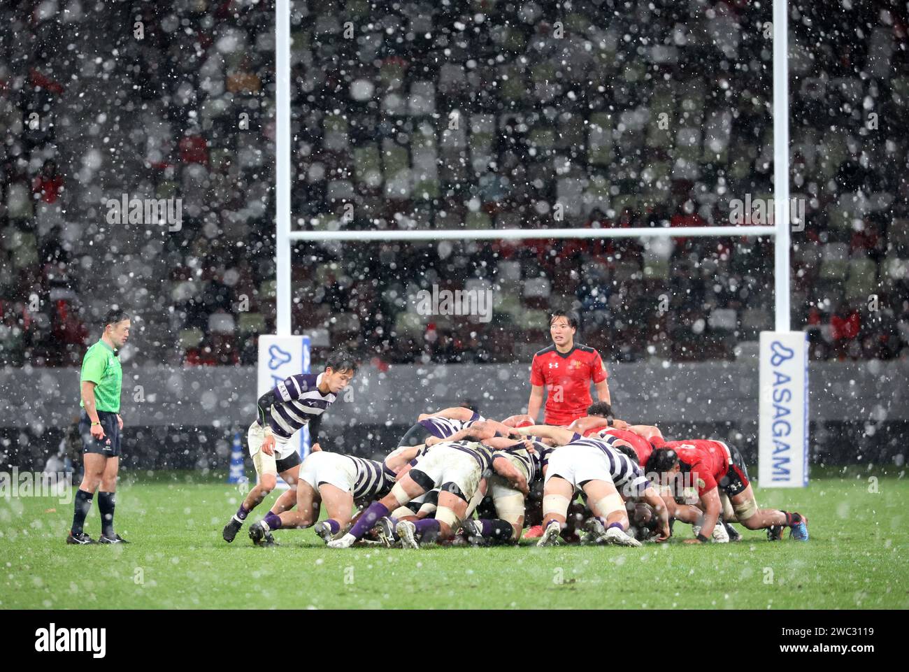 Tokyo, Japan. 13th Jan, 2024. Teikyo and Meiji University forward ...