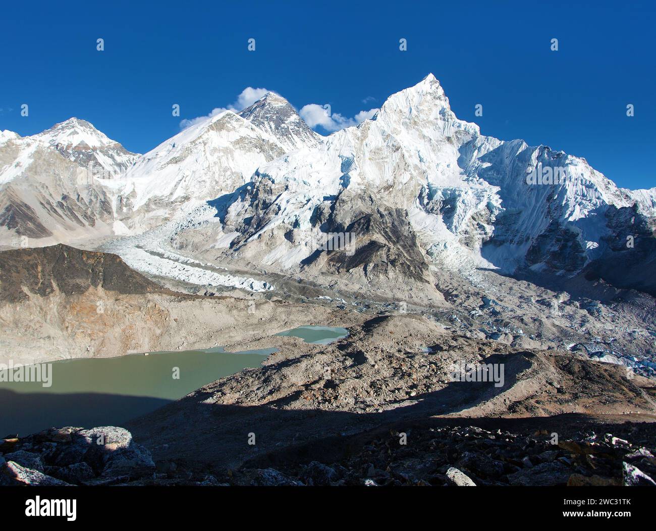 Panoramic view of mount Everest and mt. Nuptse, Khumbu valley and ...