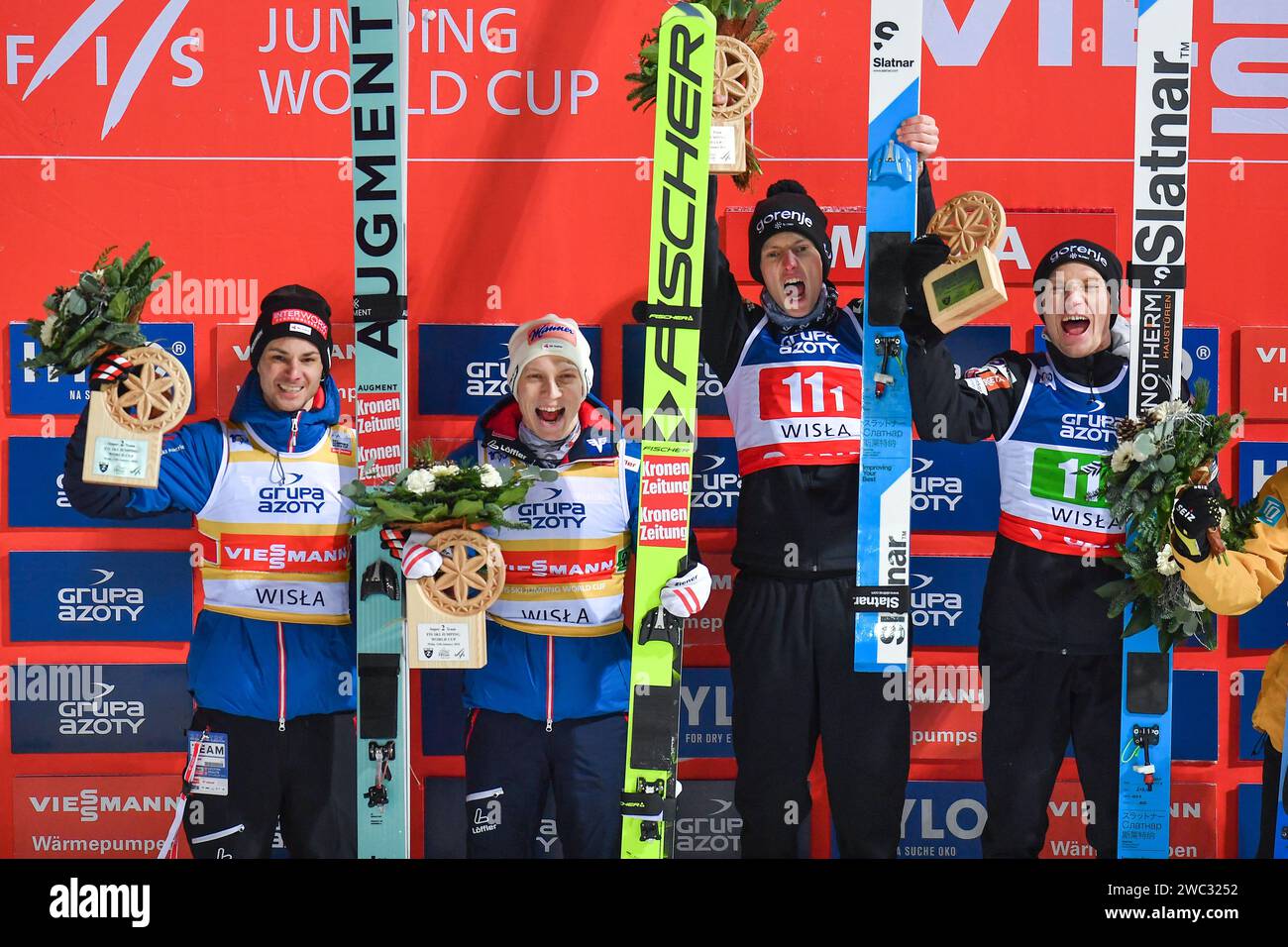 Wisla, Poland. 13th Jan, 2024. Manuel Fettner, Jan Hoerl, Lovro Kos ...