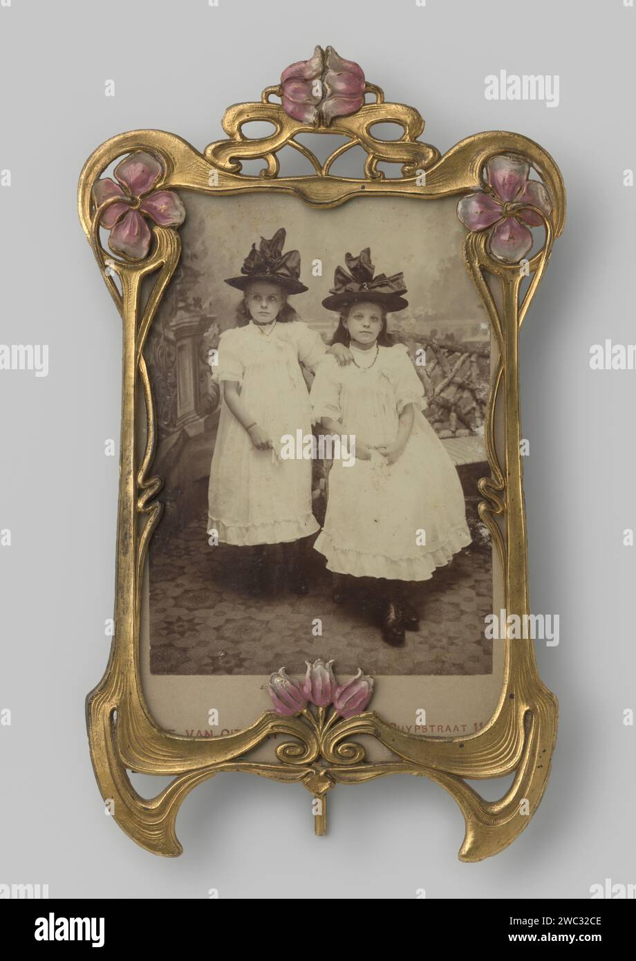 Portrait of two unknown girls with hats, 1897 - 1908 photograph. frame ...