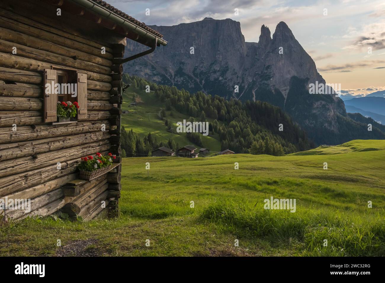 Alpine hut on the Alpe di Siusi, behind the peak of the Sciliar, Val ...