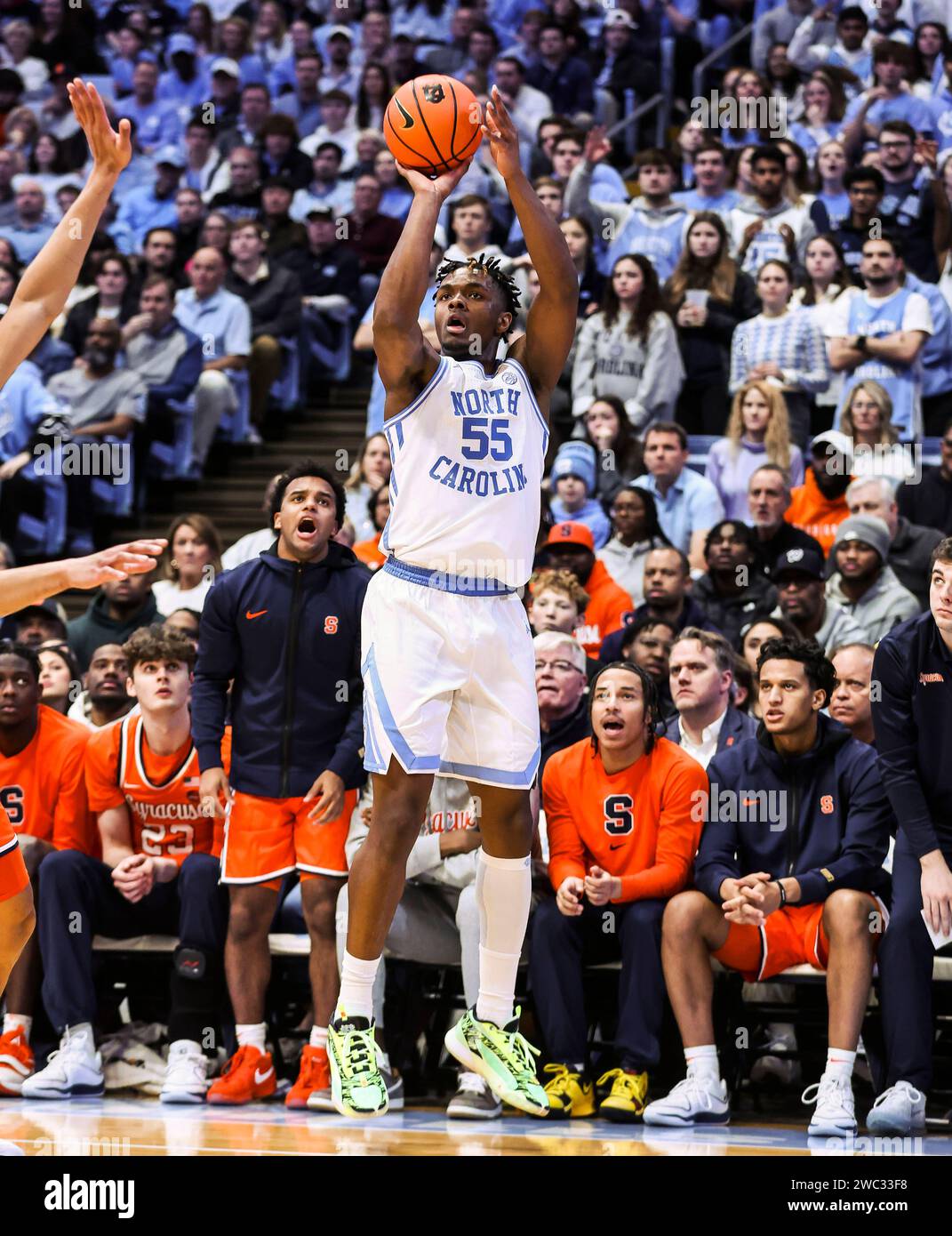 January 13, 2024: North Carolina junior Harrison Ingram (55) takes a 3 ...