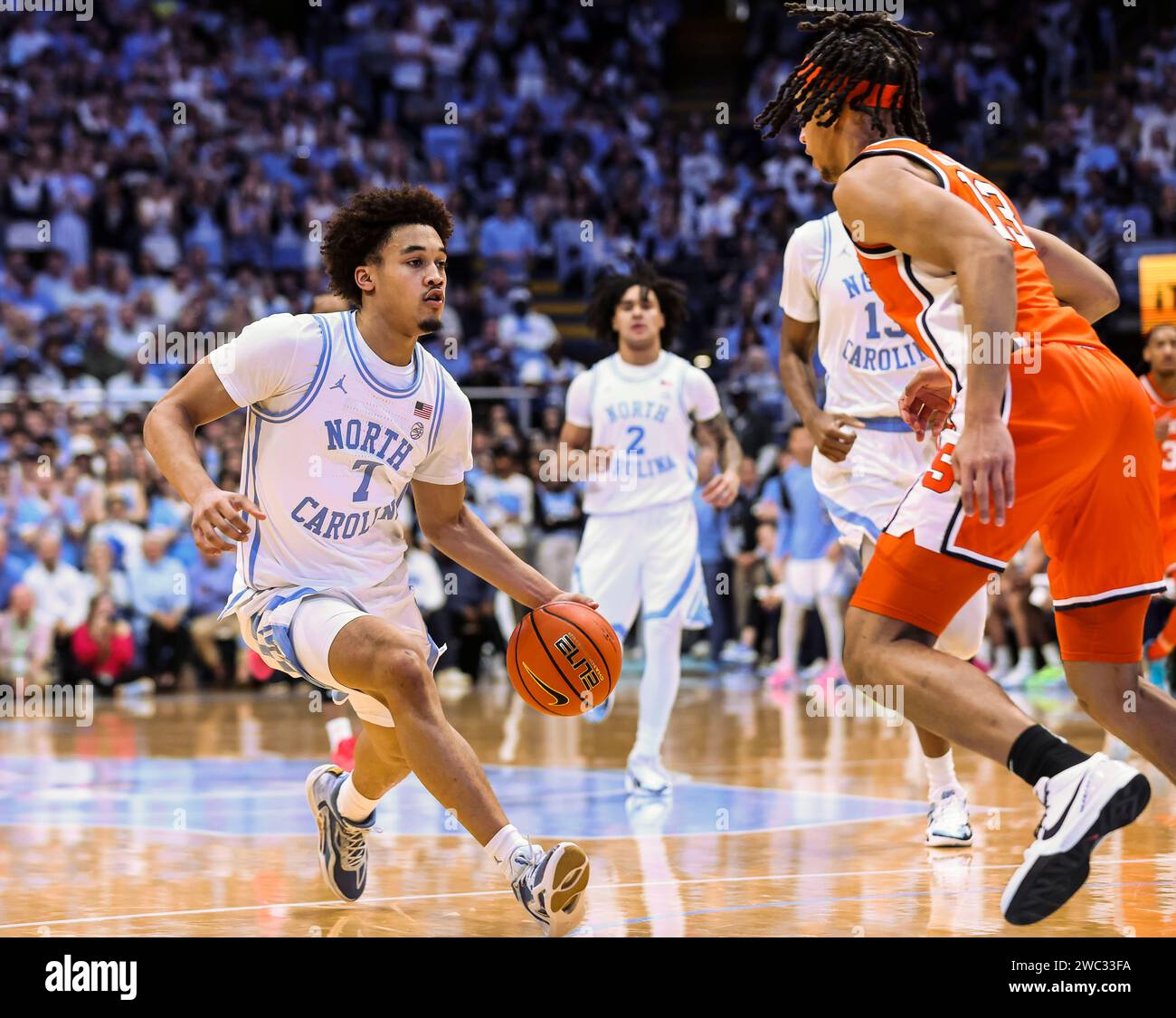 January 13, 2024: North Carolina sophomore Seth Trimble (7) bring the ...