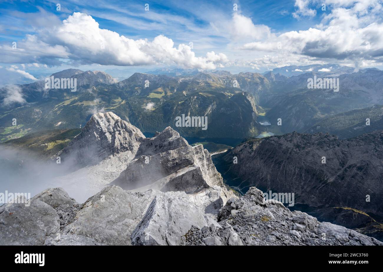 View from the rocky summit of the Watzmann Mittelspitze, view of ...