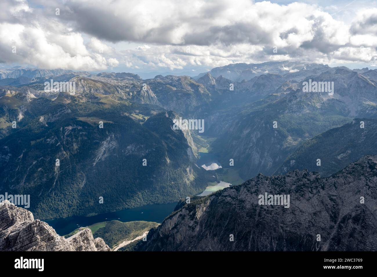 View from the rocky summit of the Watzmann Mittelspitze, view of ...