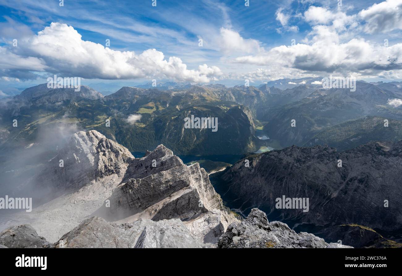 View from the rocky summit of the Watzmann Mittelspitze, view of ...