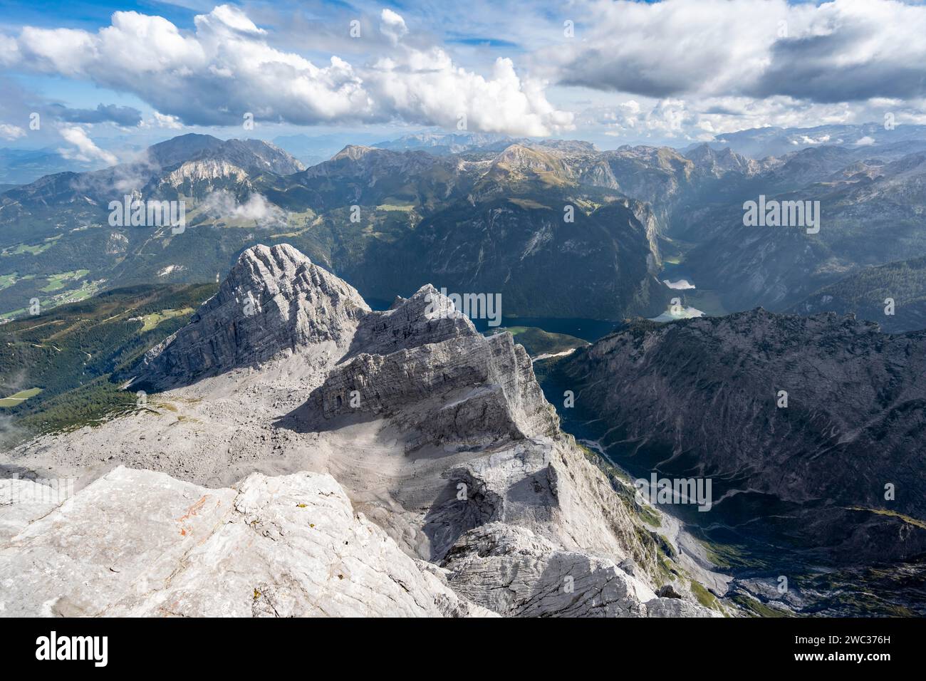 View from the rocky summit of the Watzmann Mittelspitze, view of ...