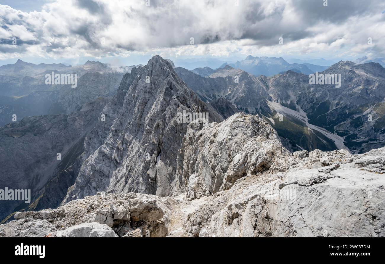 Rocky, narrow mountain ridge with Watzmann Suedspitze, view from ...
