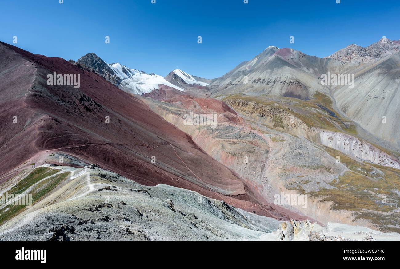 Mountain landscape of glacial moraines, mountains with red and yellow ...