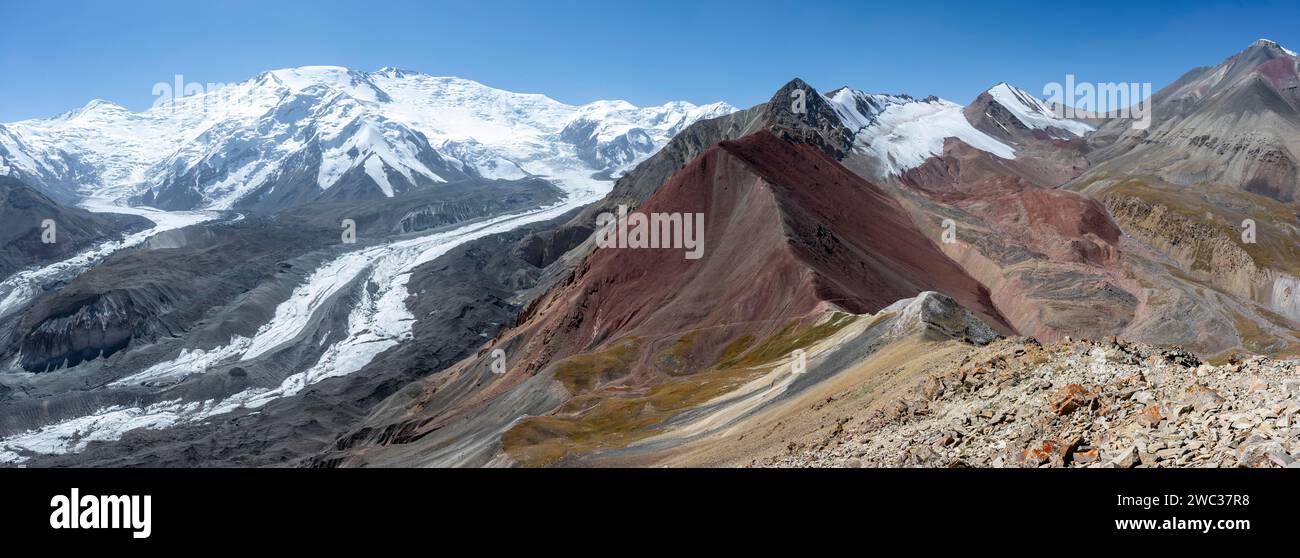 High mountain landscape with glacier moraines and glacier tongues ...