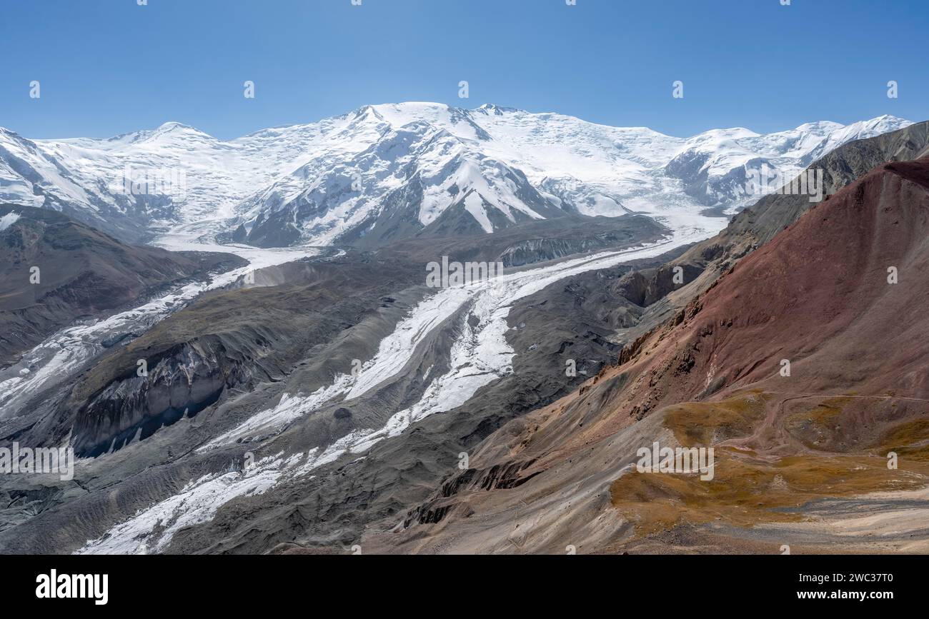 High mountain landscape with glacier moraines and glacier tongues ...