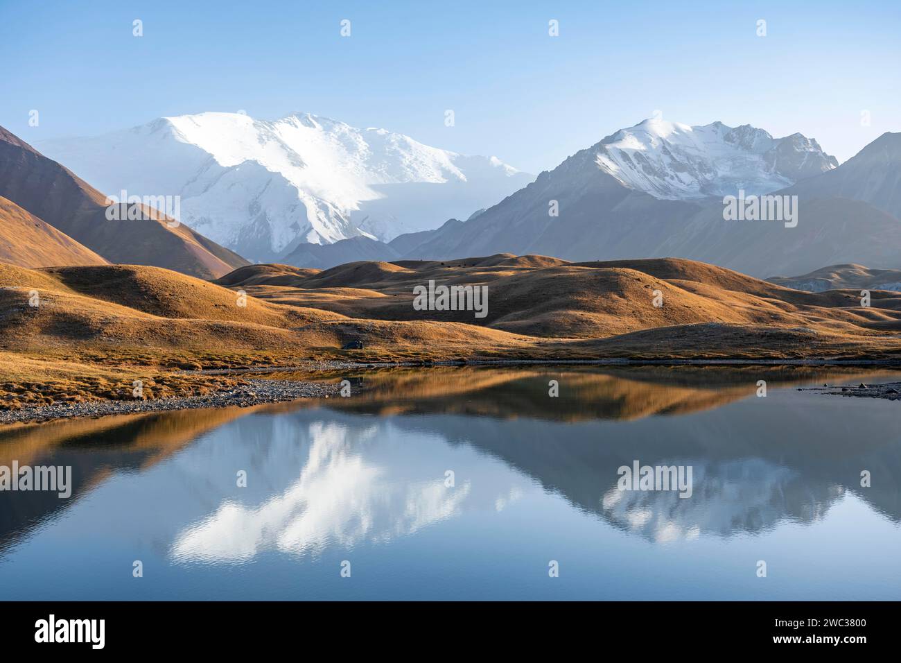 White glaciated and snowy mountain peak Pik Lenin at sunset, mountains ...
