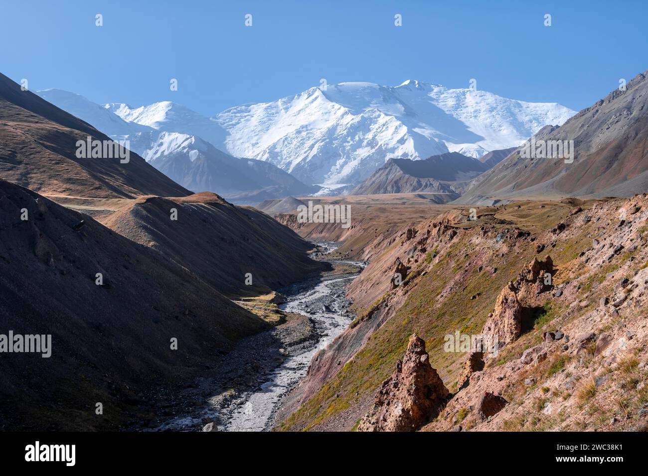 Valley with river Achik Tash between high mountains, mountain landscape ...