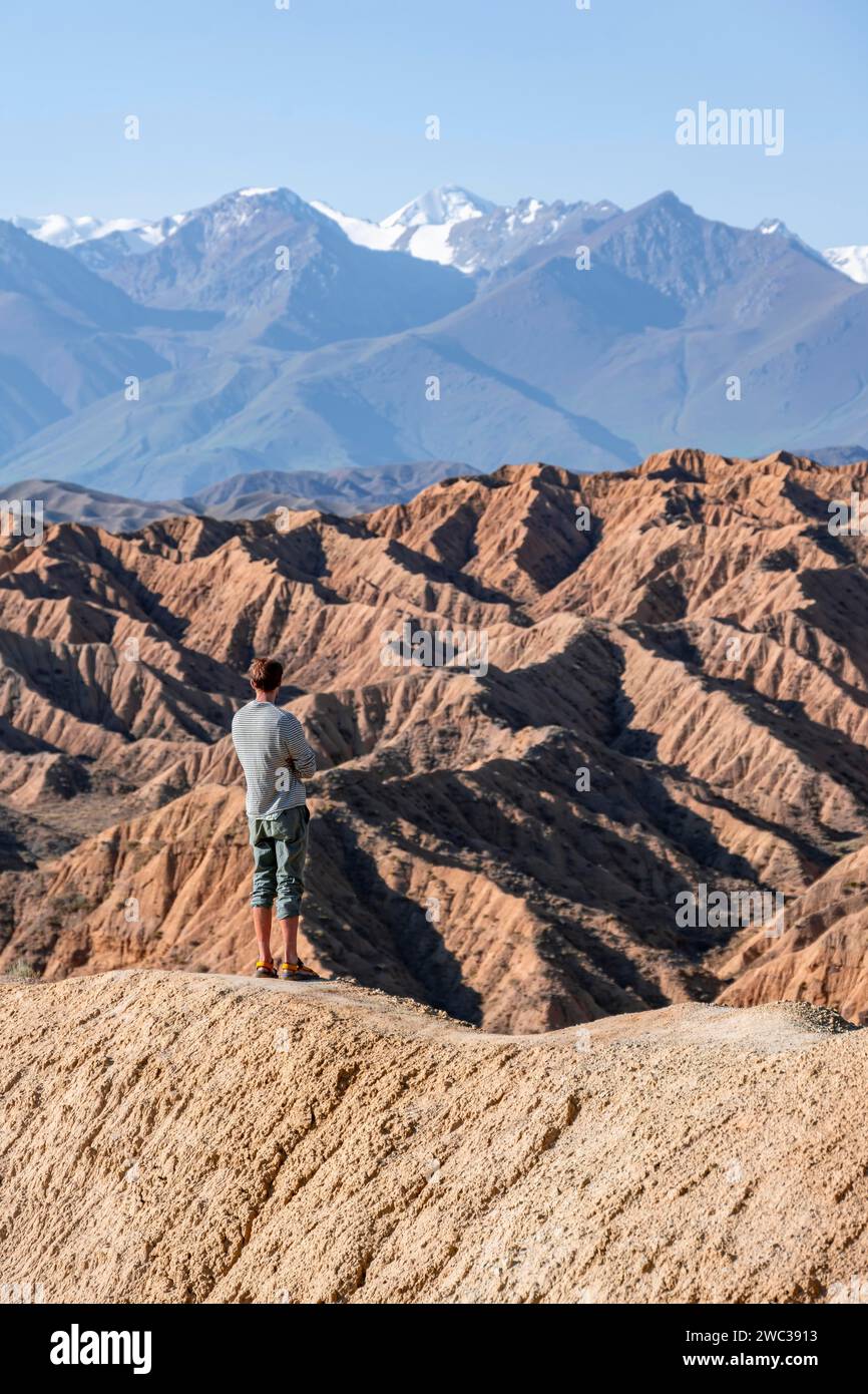 Hiker stands in front of canyons and eroded hills, Badlands, Valley of ...