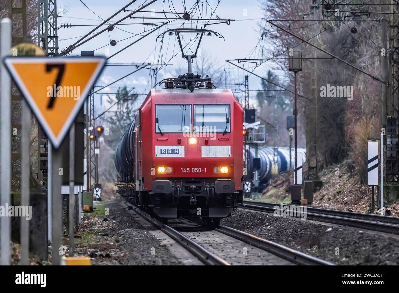 Railway line with goods train RBH Logistics, class BR145 locomotive ...