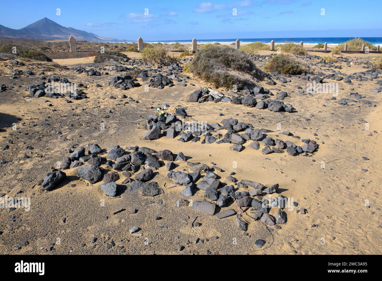 View of old sandy historical cemetery from 1950s with several graves ...