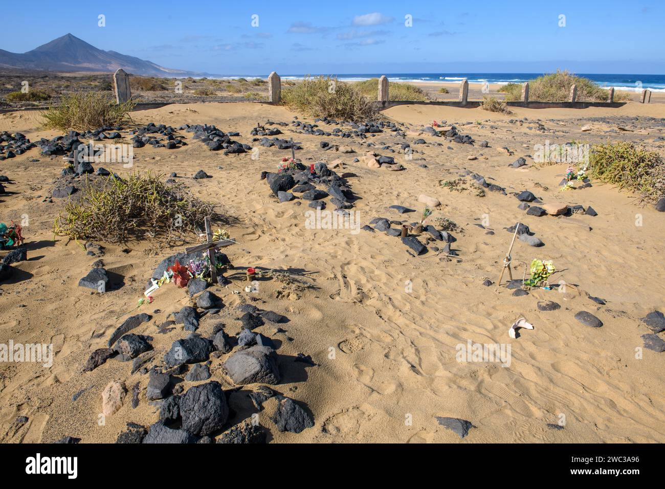 View of old sandy historical cemetery from 1950s with several graves ...