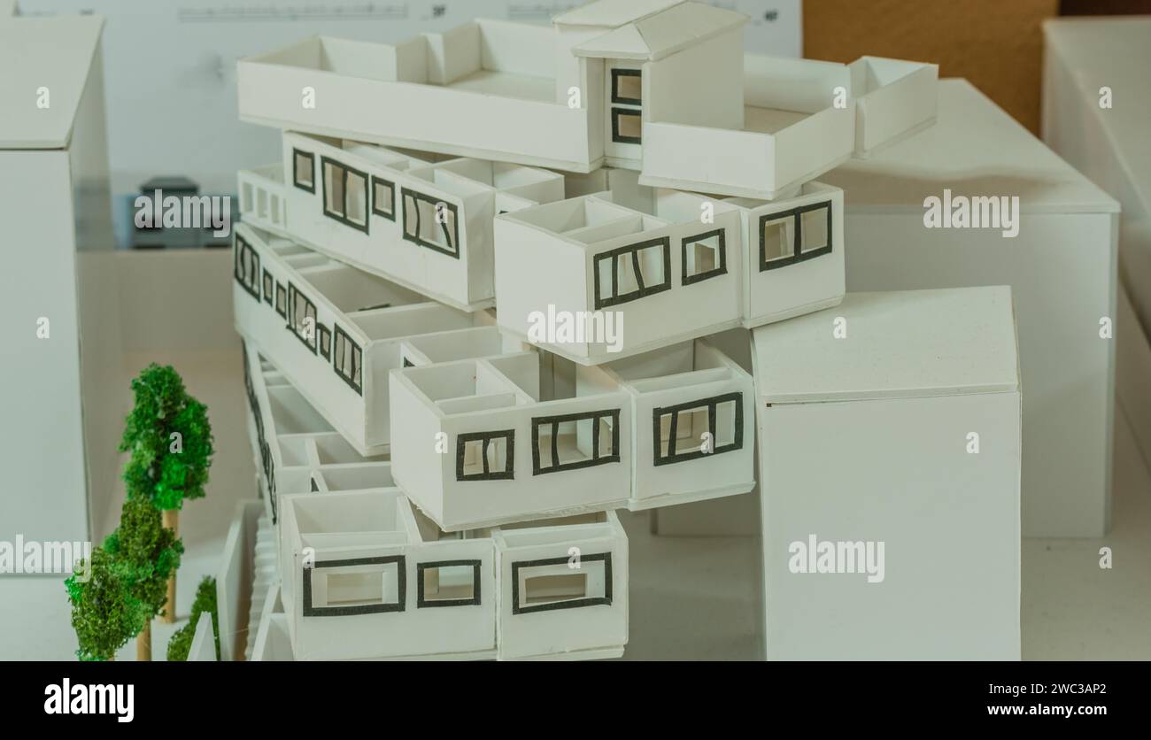 Closeup of student architectural design depicting stacked units in a ...