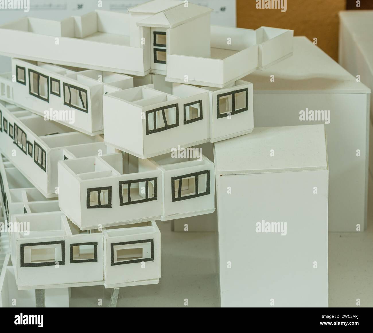 Closeup of student architectural design depicting stacked units in a ...