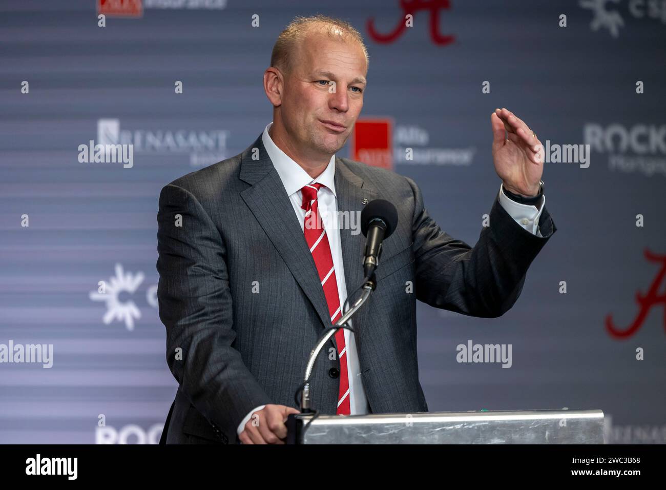 New Alabama football head coach Kalen DeBoer talks with the media in ...