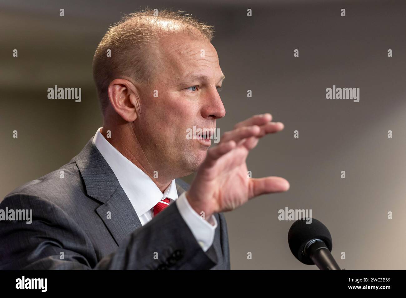 New Alabama football head coach Kalen DeBoer talks with the media in ...