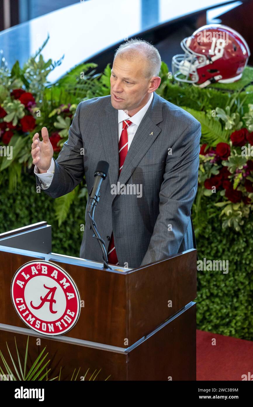 New Alabama football head coach Kalen DeBoer gives his introductory speech at Bryant-Denny ...